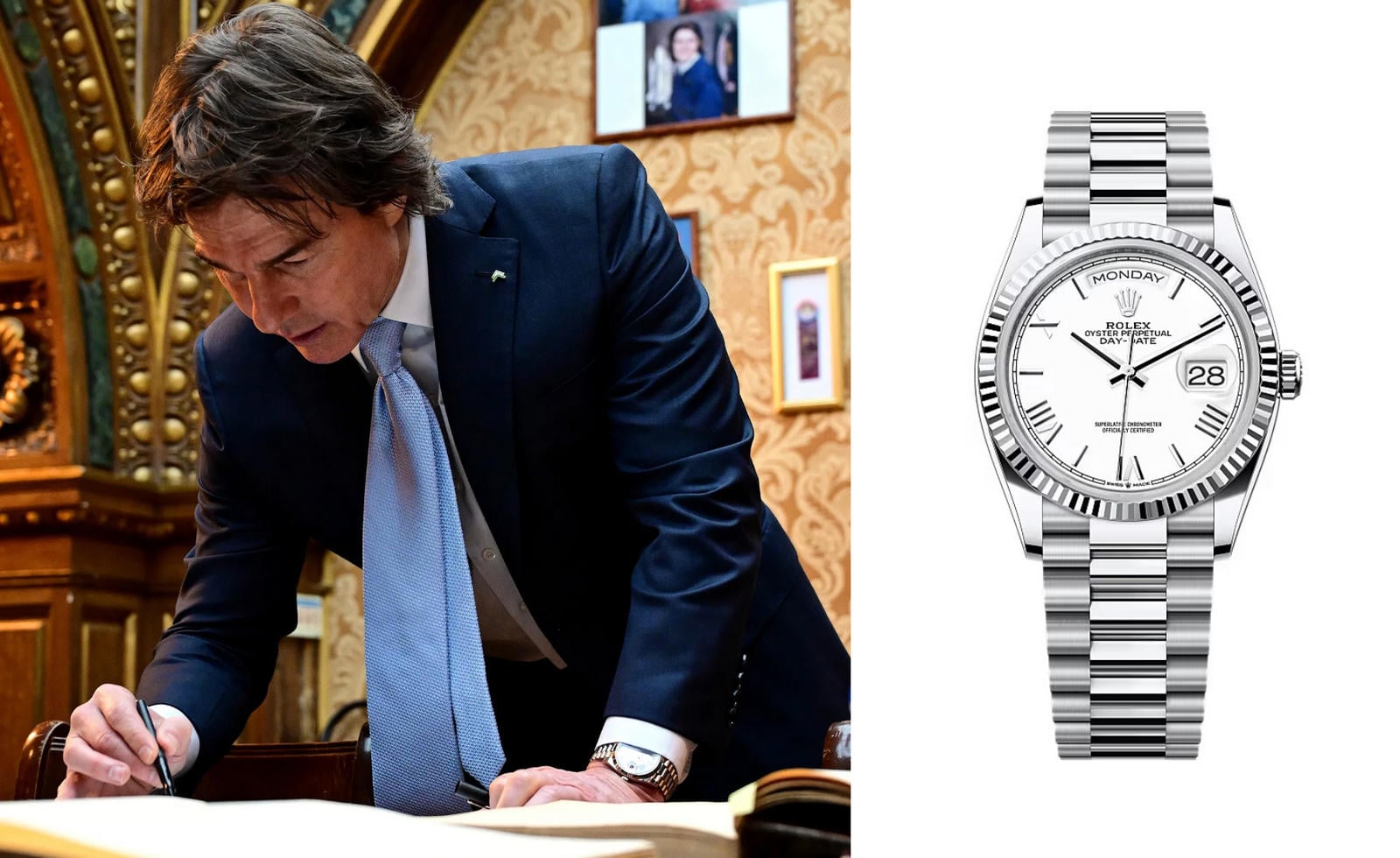 Tom Cruise's platinum Rolex Day-Date shone as the Top Gun star was awarded the highest ...